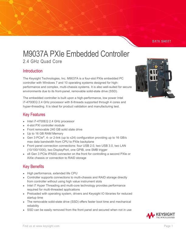 M9037A PXIe Embedded Controller 2.4 GHz Quad Core PDF Asset Page | Keysight